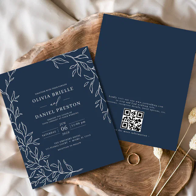 Budget QR Code Navy Blue Wedding Invitation Flyer | Zazzle