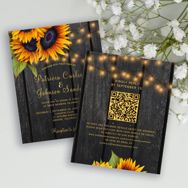 Budget QR code rustic sunflower wedding invitation | Zazzle