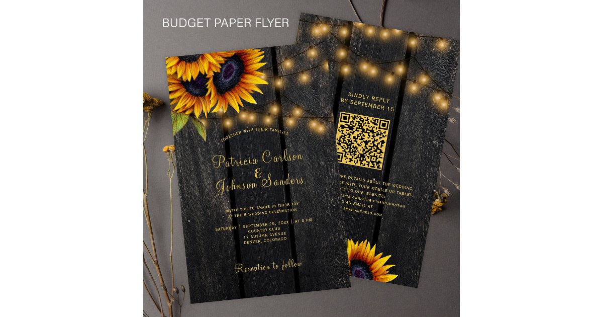 Budget QR code rustic sunflower wedding invitation Flyer | Zazzle