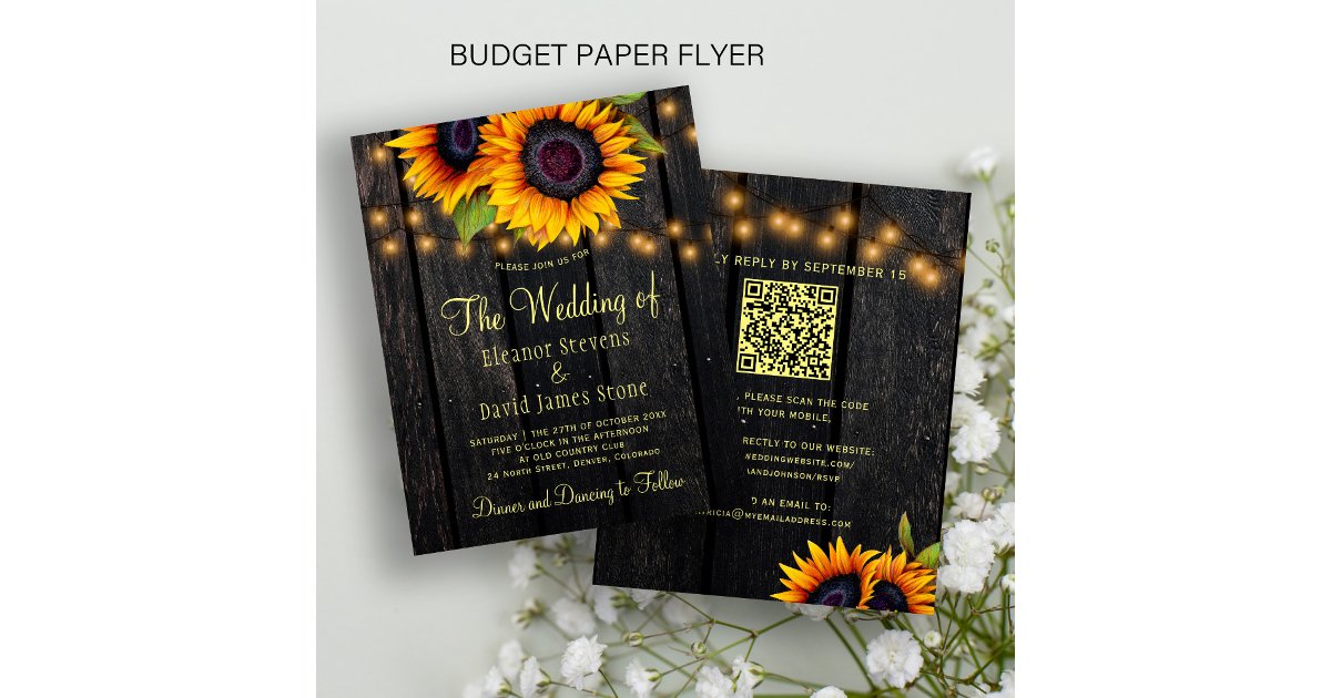 Budget QR code rustic sunflower wedding invitation Flyer | Zazzle