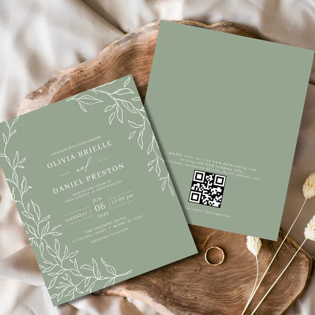 Budget QR Code Sage Green Wedding Invitation Flyer | Zazzle