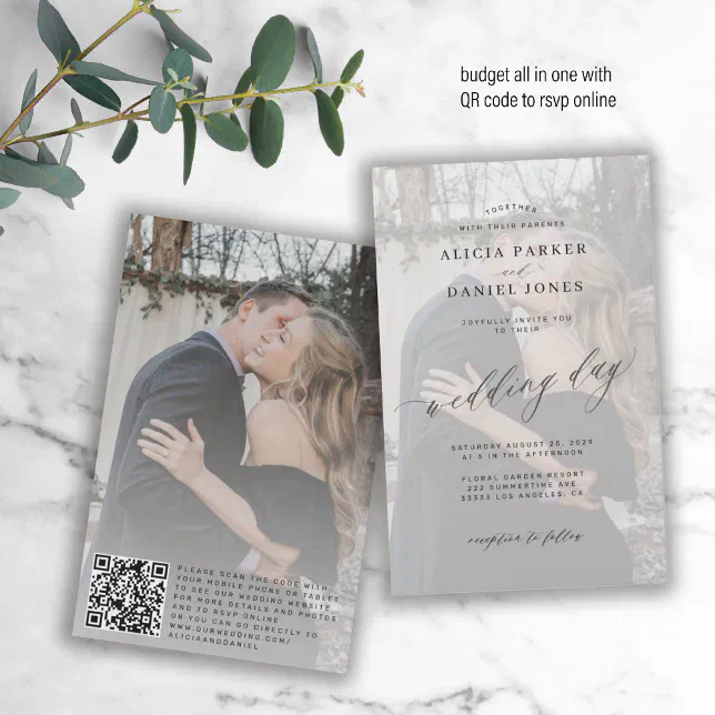Budget QR photo modern overlay wedding invitation | Zazzle
