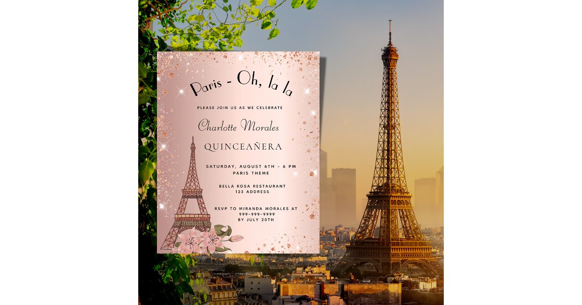 Budget Quinceanera Paris Eiffel rose invitation | Zazzle