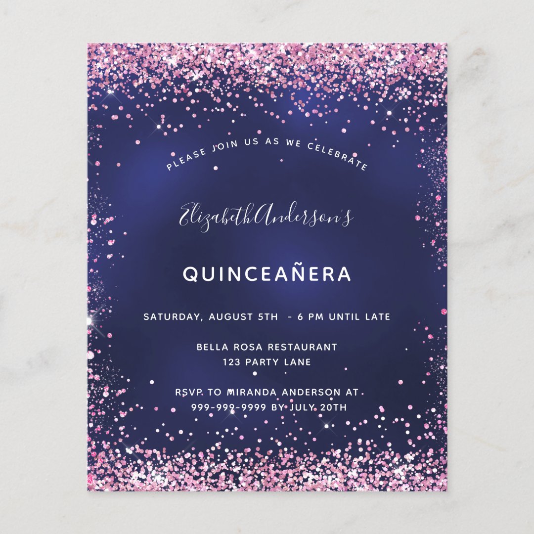 Budget Quinceanera party navy blue pink invitation | Zazzle