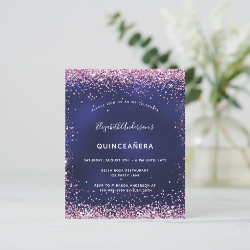 Budget Quinceanera party navy blue pink invitation | Zazzle
