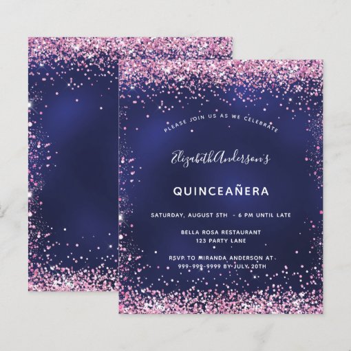 Budget Quinceanera party navy blue pink invitation | Zazzle