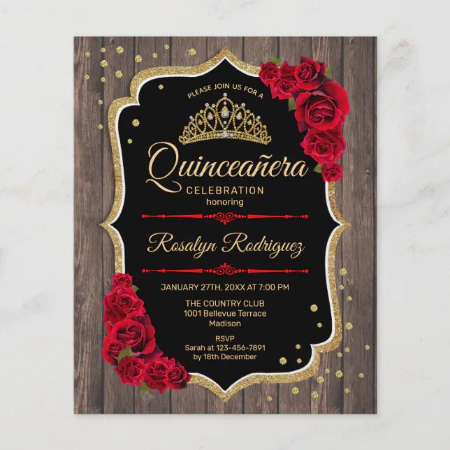 Budget Quinceanera Rustic Wood Gold Red Invitation Flyer | Zazzle