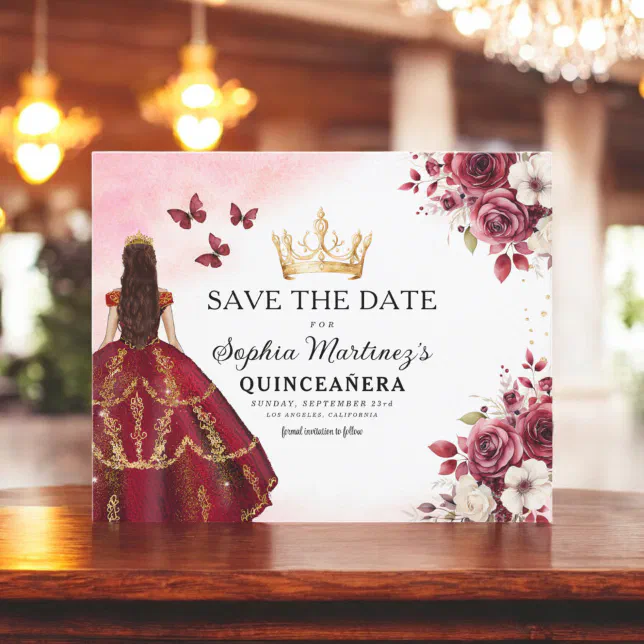 Budget Quinceanera Save the Date Floral Burgundy | Zazzle
