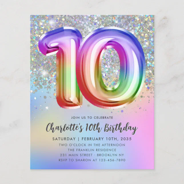 Budget Rainbow Glitter Foil Balloon 10th Birthday | Zazzle