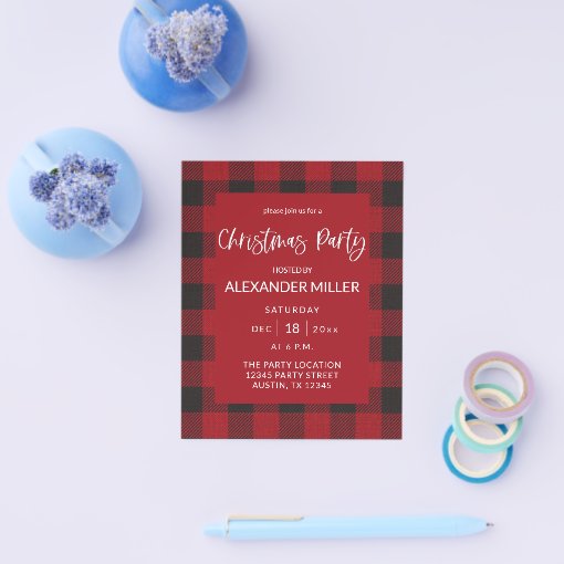 Budget Red Buffalo Plaid Flannel Christmas Party Flyer | Zazzle