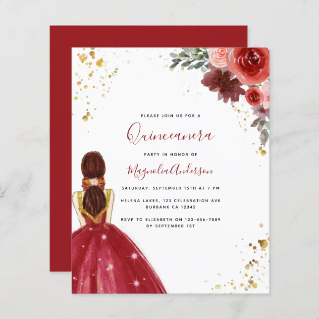 BUDGET Red Dress Quinceanera Party Invitation | Zazzle