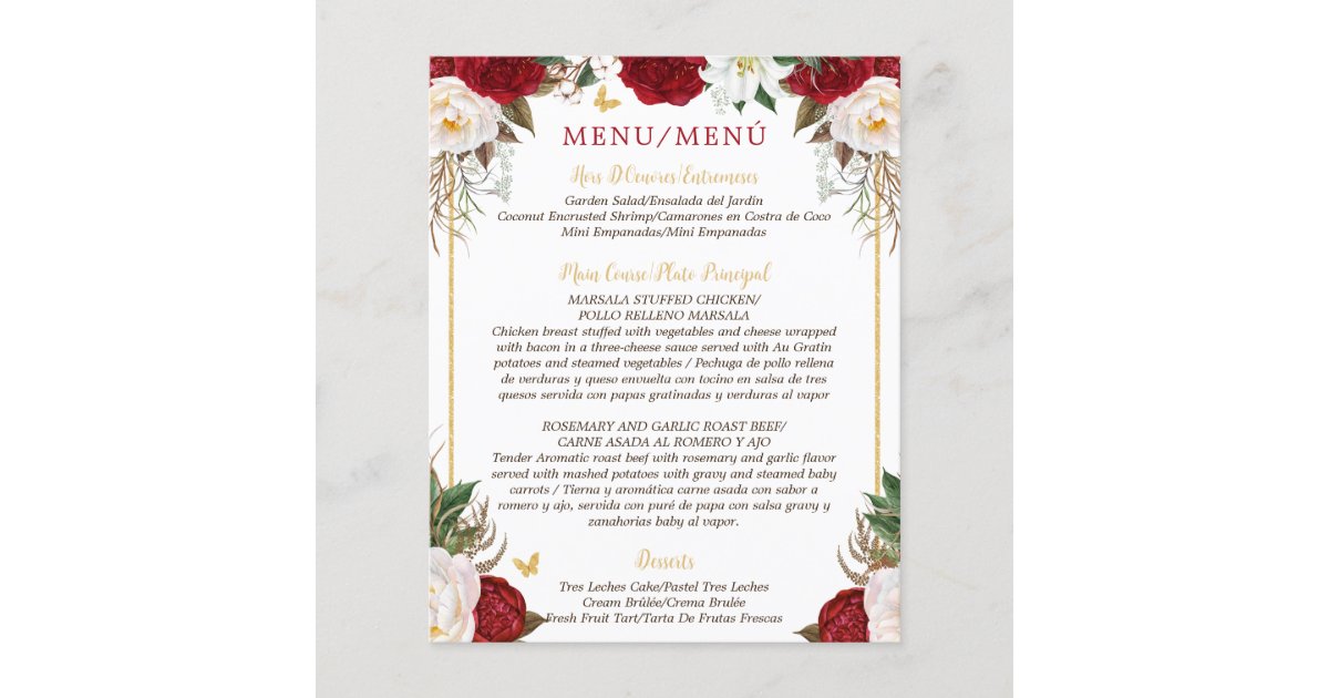 Budget Red Floral Bilingual Quinceañera Menu | Zazzle