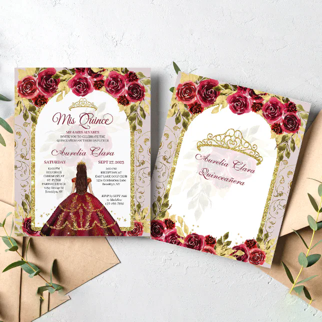 Budget Red Floral Princess Gold Arch Quinceanera | Zazzle