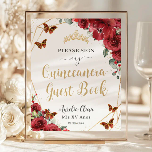 Budget Red Floral Quinceanera Birthday Guest Book | Zazzle
