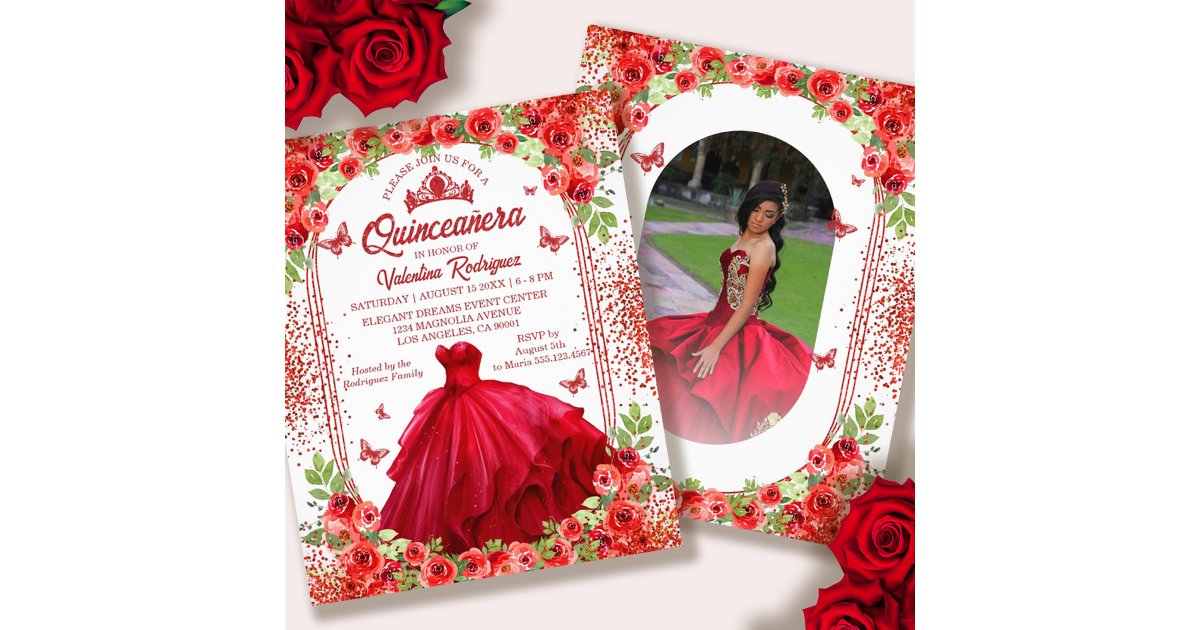 Budget Red Floral Quinceanera Invitation Flyer | Zazzle
