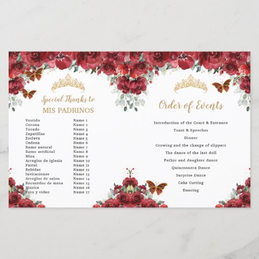 Budget Red Floral Quinceanera Order Events Program | Zazzle