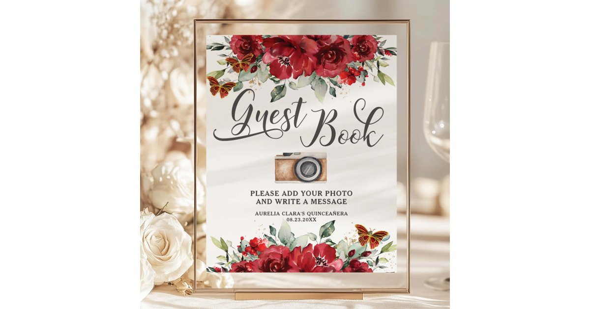 Budget Red Floral Quinceanera XV Guest Book Photo | Zazzle