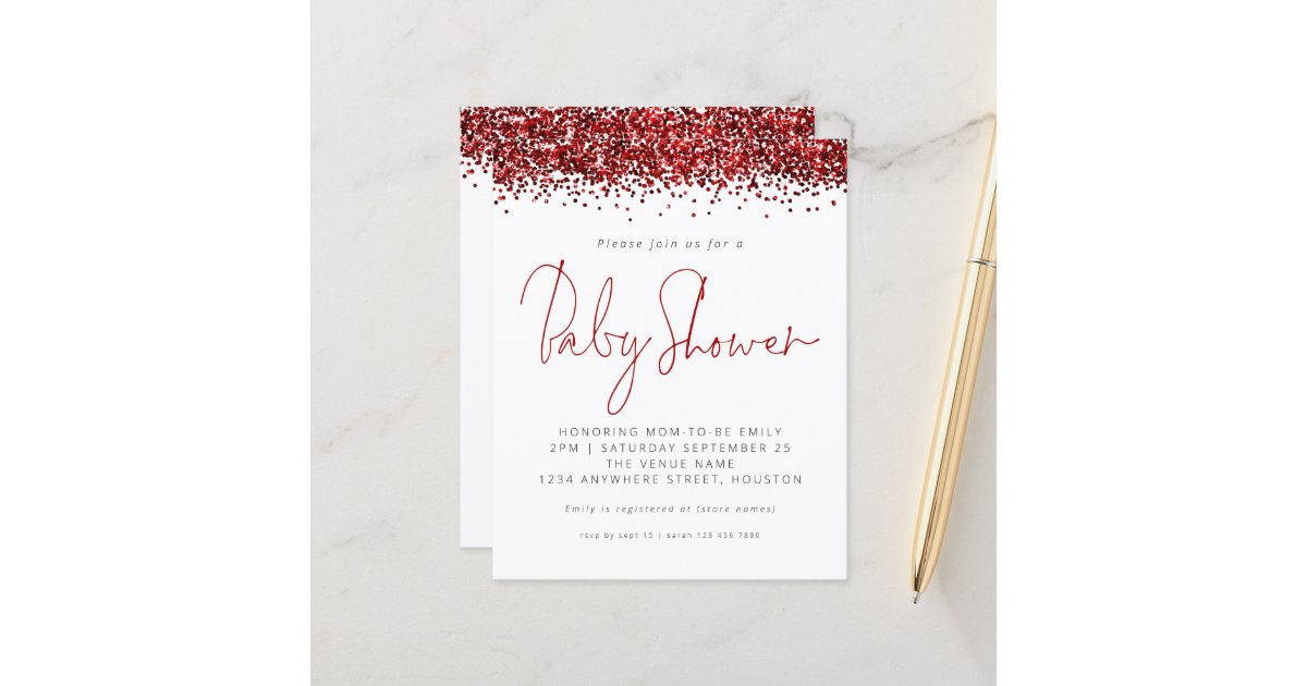 Budget Red Glitter Baby Shower Invitation | Zazzle