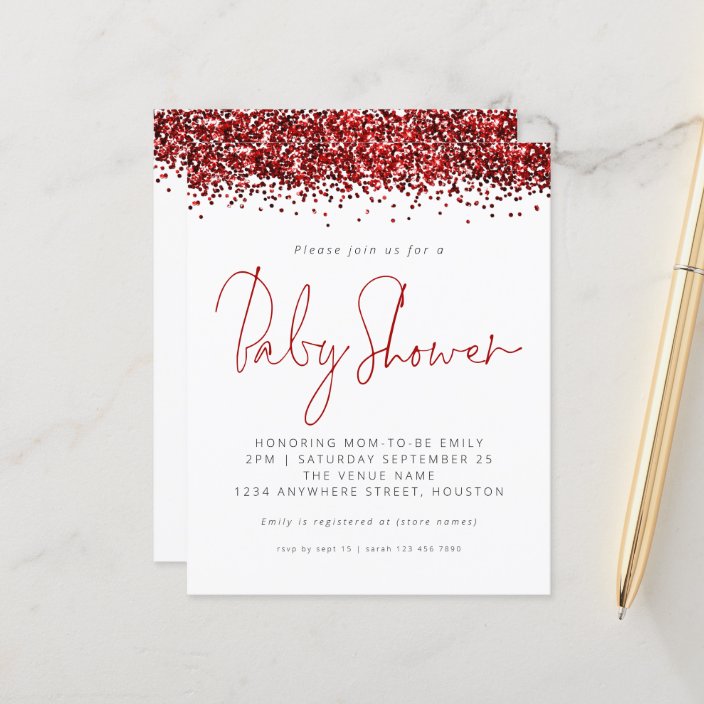 Budget Red Glitter Baby Shower Invitation | Zazzle.com