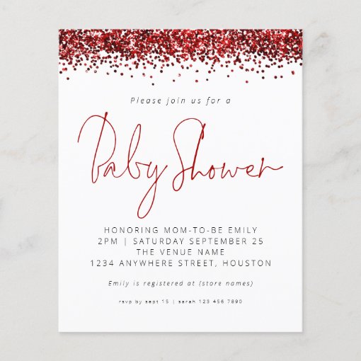 Budget Red Glitter Baby Shower Invitation | Zazzle