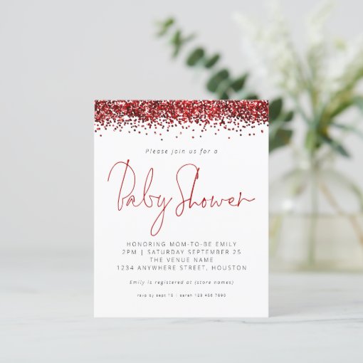 Budget Red Glitter Baby Shower Invitation | Zazzle