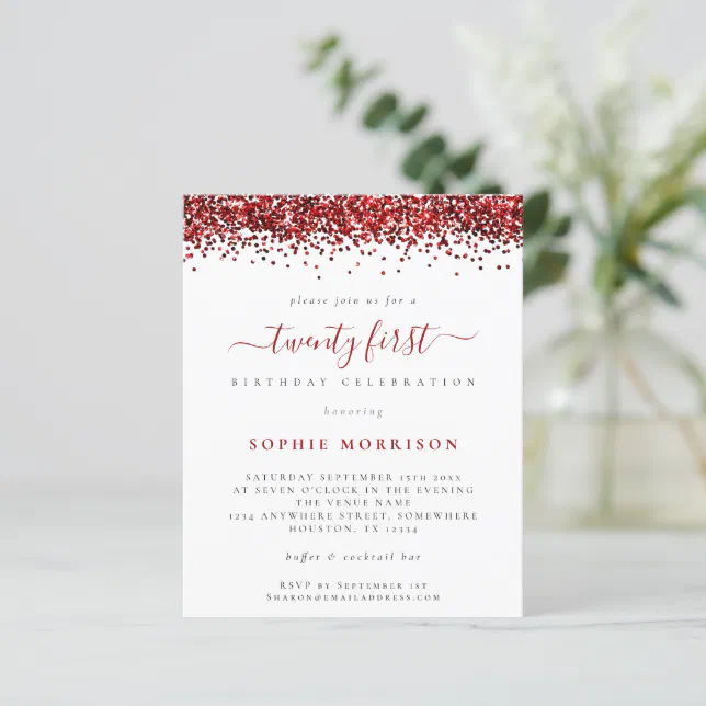 Budget Red Glitter Twenty First Party Invite | Zazzle