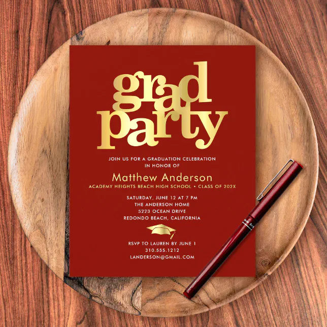 Budget red gold graduation cap bold party invite | Zazzle