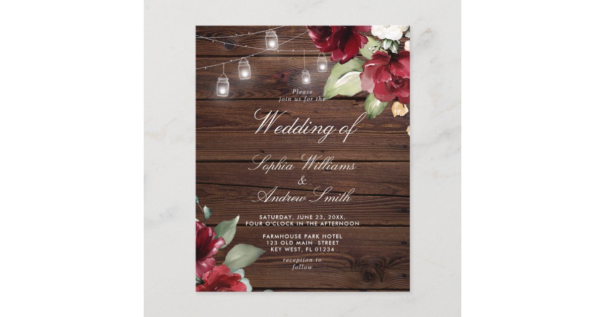 Budget Red Rose Rustic Wood Wedding Invitation | Zazzle