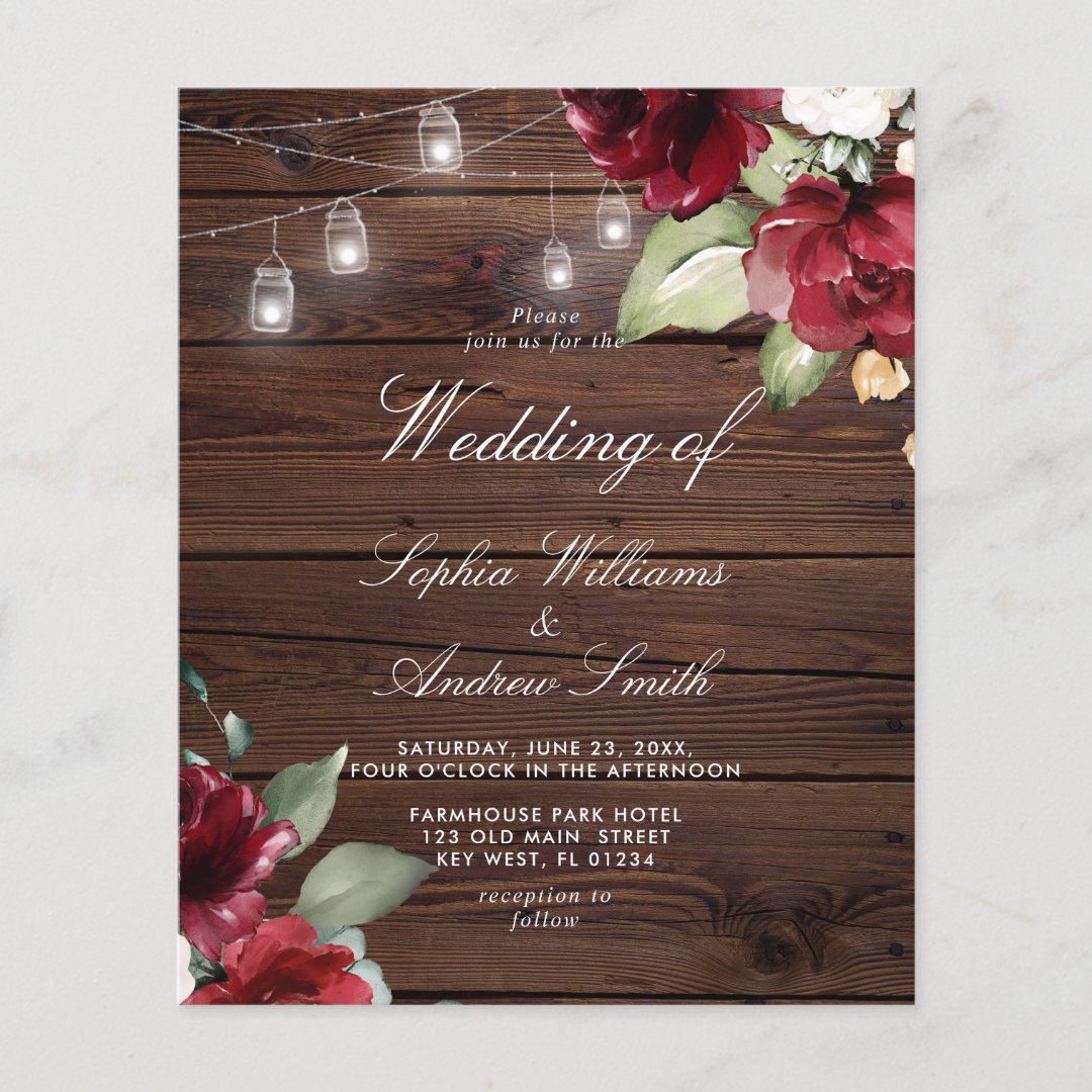 Budget Red Rose Rustic Wood Wedding Invitation | Zazzle