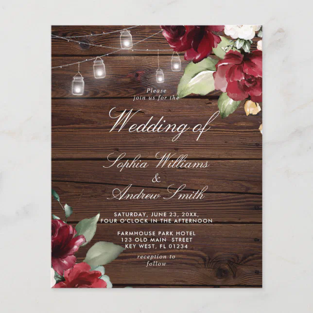 Budget Red Rose Rustic Wood Wedding Invitation | Zazzle