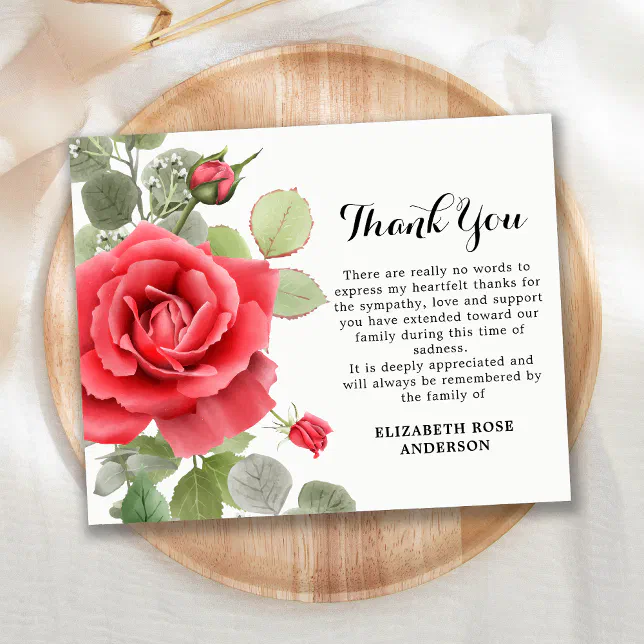 Budget Red Rose Sympathy Funeral Thank You Card | Zazzle