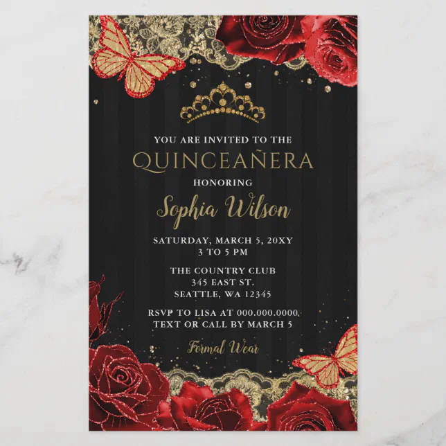 Budget Red Roses Black Gold Quinceañera Invitation | Zazzle