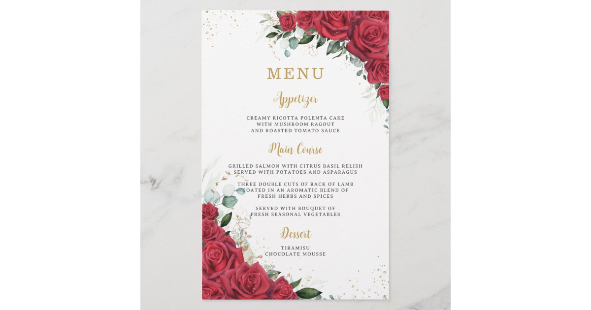 Budget Red Roses Floral Flowers Menu Sheet | Zazzle