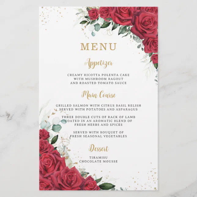Budget Red Roses Floral Flowers Menu Sheet | Zazzle