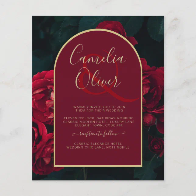 BUDGET Red Roses ForestGreen Winter Wedding INVITE Flyer | Zazzle