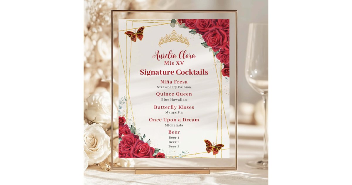 Budget Red Roses Quinceanera XV Birthday Bar Menu | Zazzle