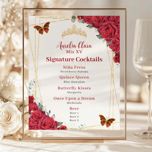 Budget Red Roses Quinceanera XV Birthday Bar Menu | Zazzle