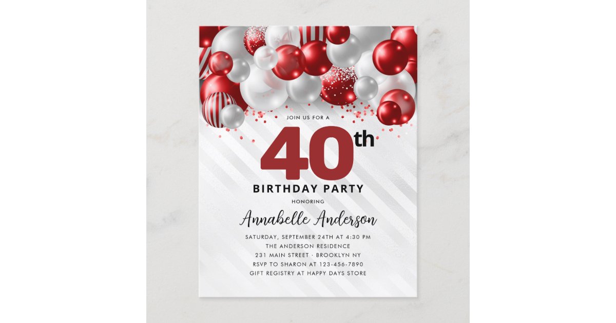 Budget Red Silver Balloon Glitter 40th Birthday | Zazzle