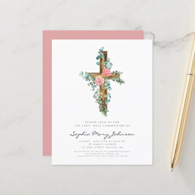 Budget Religious Pink Floral Cross First Communion | Zazzle