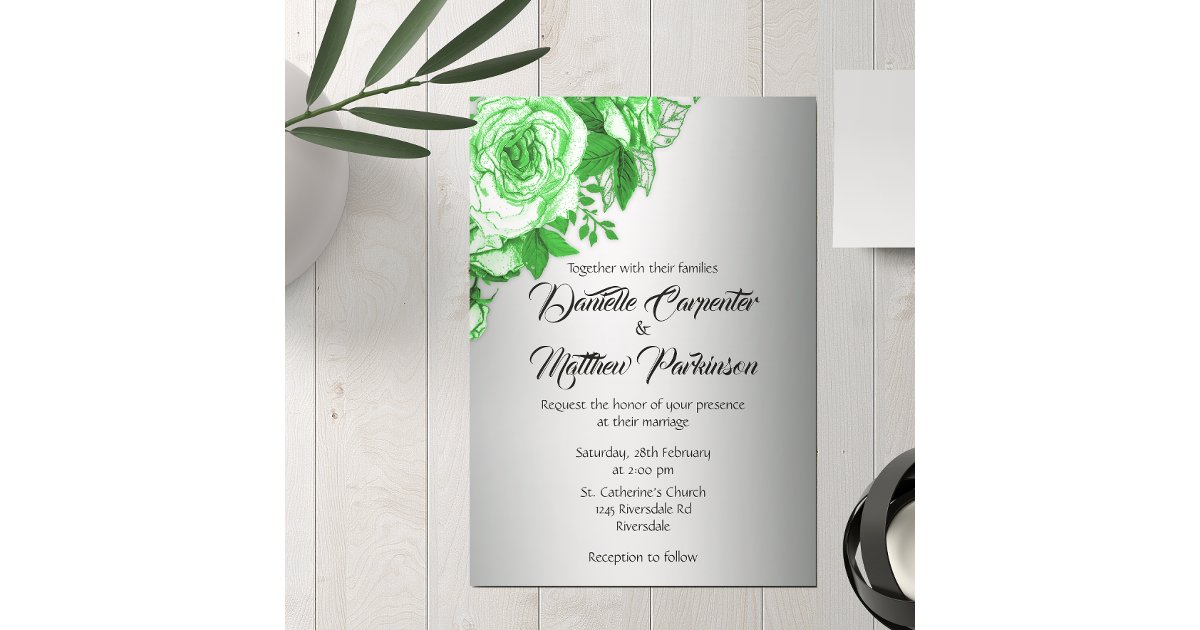 Budget Romantic Green Roses Wedding Invitation Flyer | Zazzle