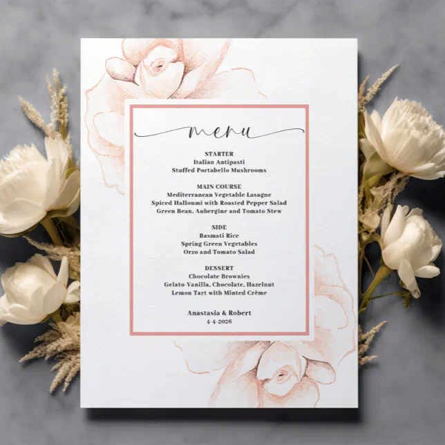 Budget Romantic Pink Rose Floral Menu Card | Zazzle