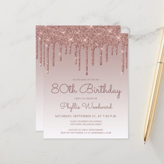 Budget Rose Gold 80th Birthday Party Invitation | Zazzle.com