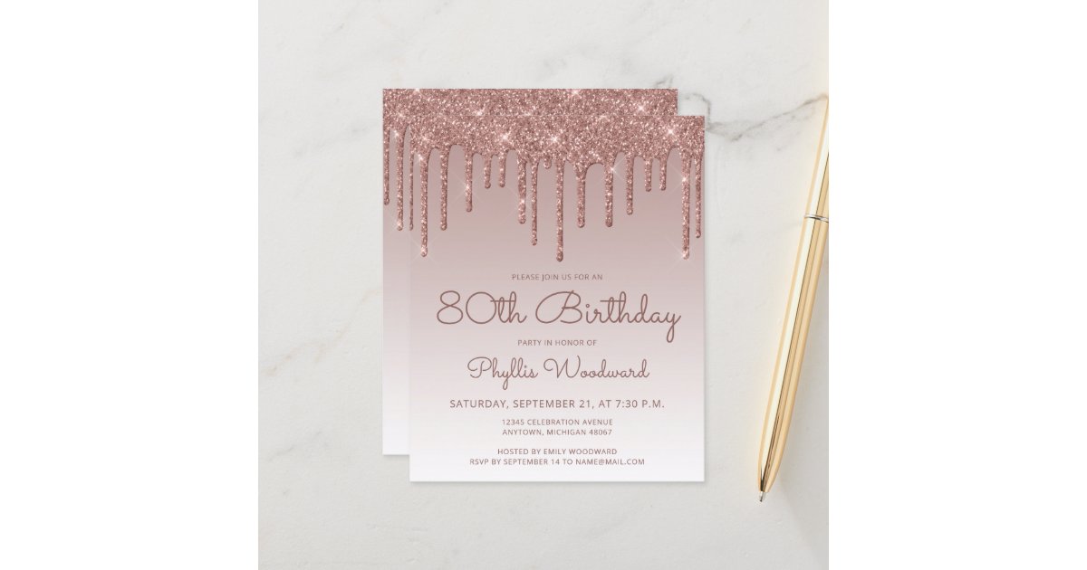 Budget Rose Gold 80th Birthday Party Invitation | Zazzle.com