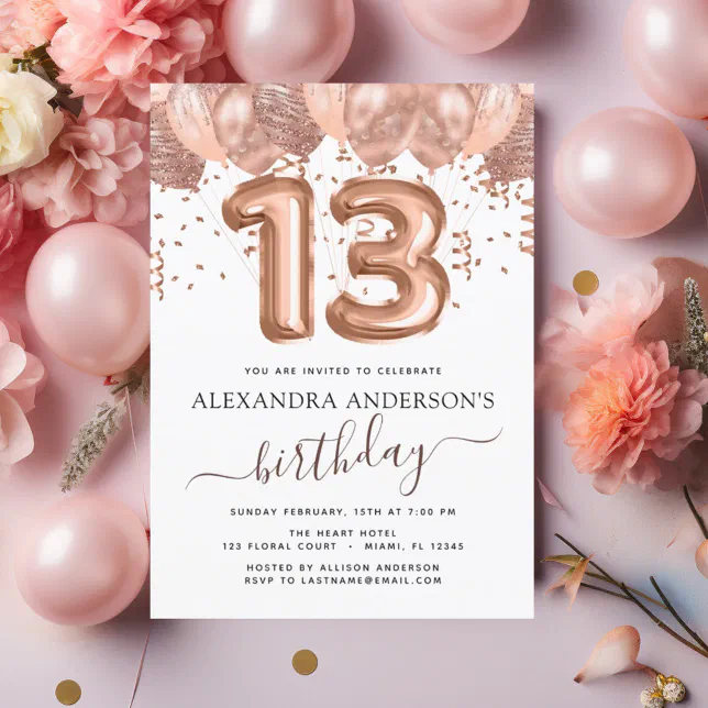 Budget Rose Gold Balloons 13th Birthday Invitation | Zazzle