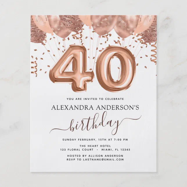 Budget Rose Gold Balloons 40th Birthday Party Flyer | Zazzle
