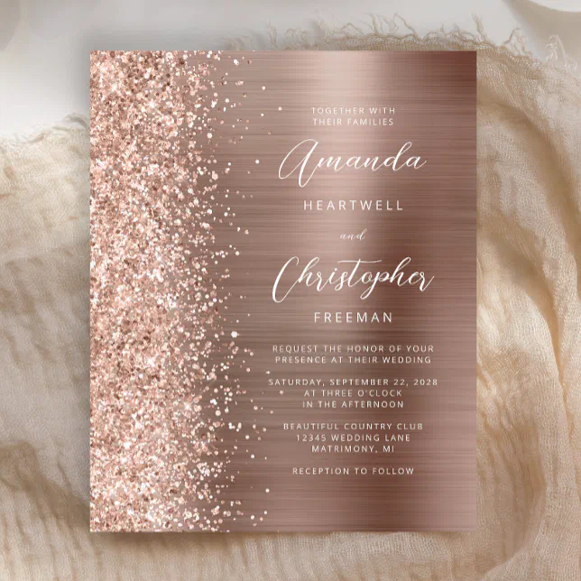 Budget Rose Gold Glam Glitter Wedding Invitation | Zazzle