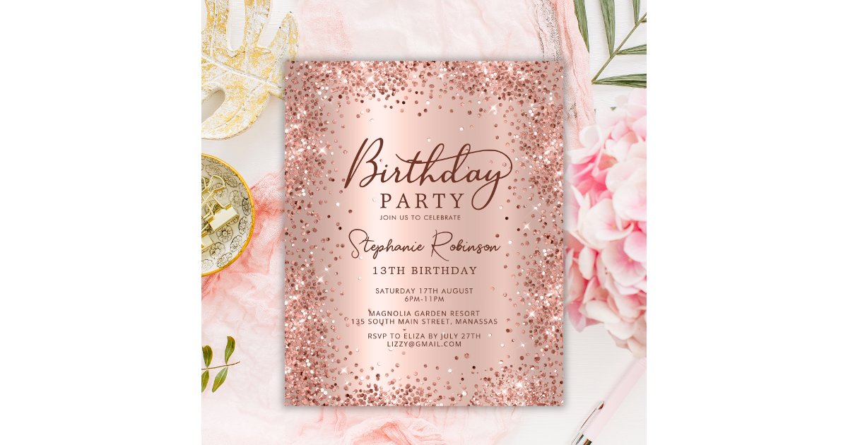 Budget Rose Gold Glitter 13th Birthday Invitation | Zazzle