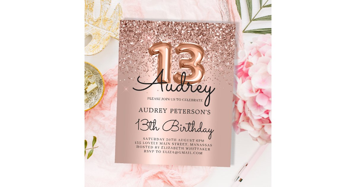 Budget Rose Gold Glitter 13th Birthday Invitation | Zazzle