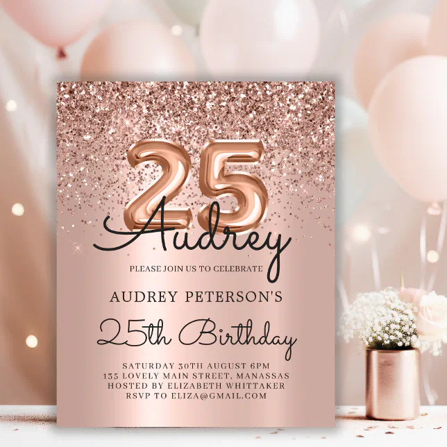 Budget Rose Gold Glitter 25th Birthday Invitation | Zazzle