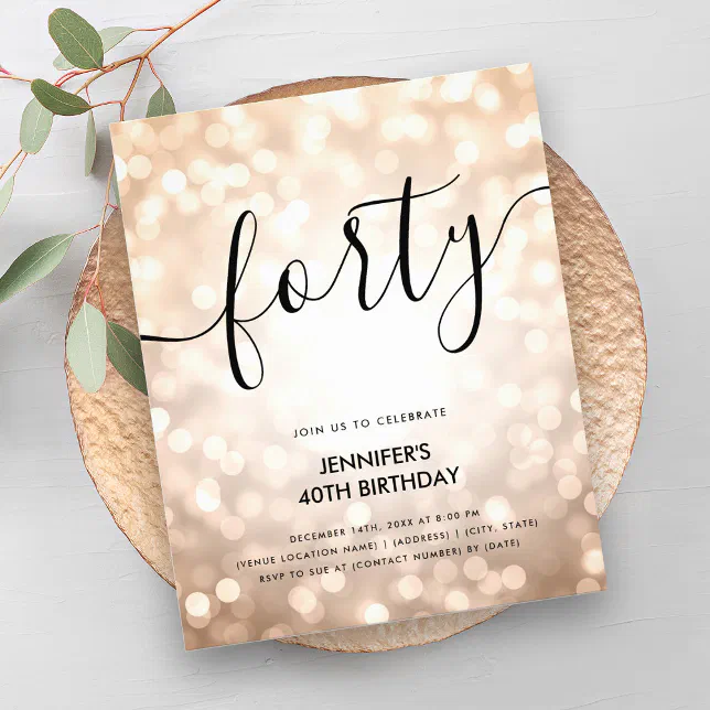 BUDGET Rose Gold Glitter Lights 40th Birthday Flyer | Zazzle